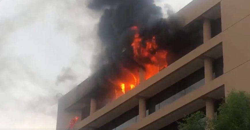Huge Fire Fire on the top floor of Metro headquarters across from the ...