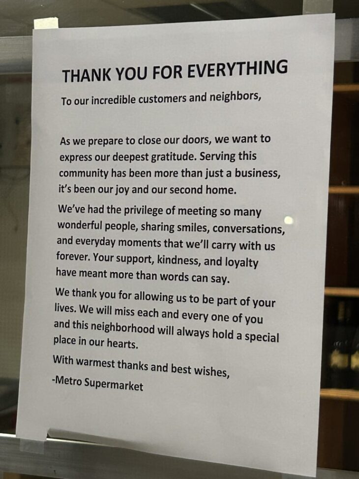 Official Closing Farewell Note from Metro Supermarket on P Street ...